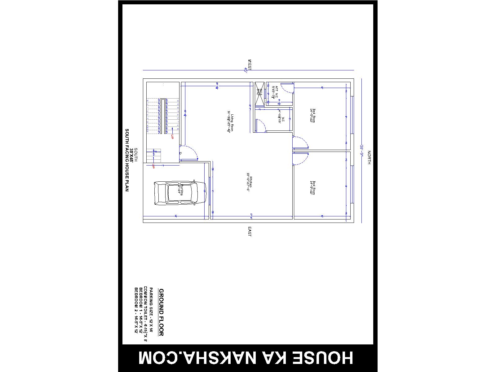 30X45 south facing house plan - HOUSE KA NAKSHA